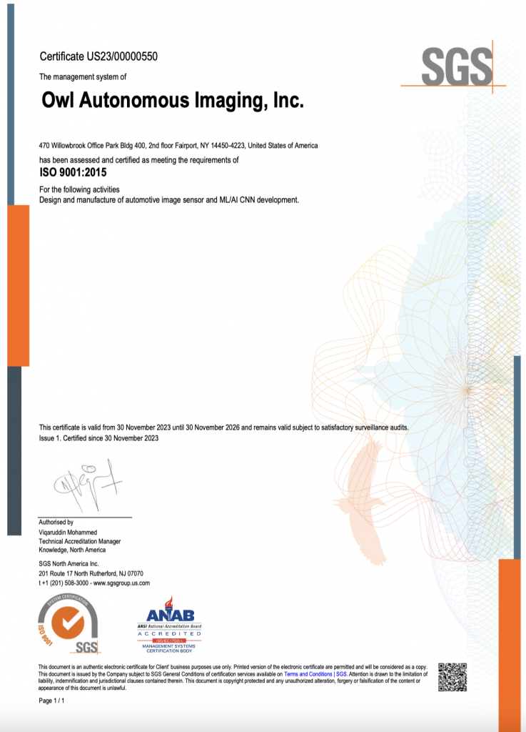 Owl AI – ISO 9001:2015 Certified – Owl Autonomous Imaging